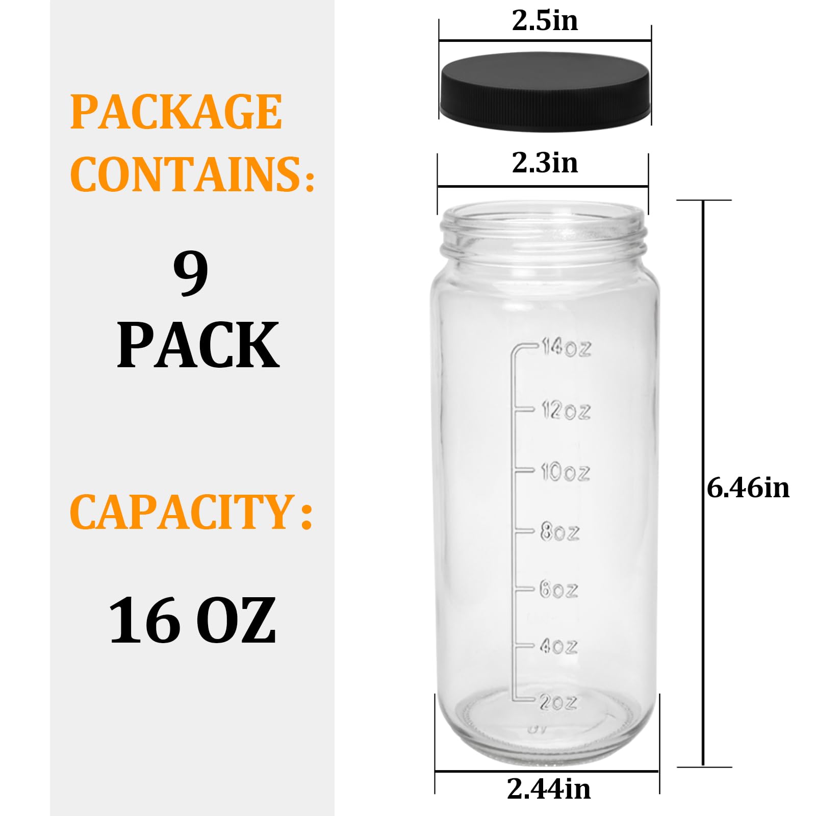 Encheng 16 oz Glass Juice Bottles with Lids,9 Pack Reusable Drinking Jars with Lids and Straws,Clear Round Smoothies Cup for Juicing,Kombucha,Water,Milk,Travel