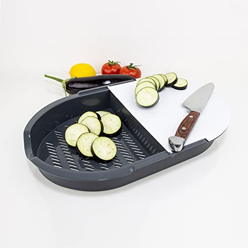DecoBella 2-Chamber Cutting Board, Chopping Board with Food Container and Optional Strainer, Multi-Purpose Cutting Board, Countertop Easy Food Washer Strainer, Sink Cutting Board (WHITE/GRAY)