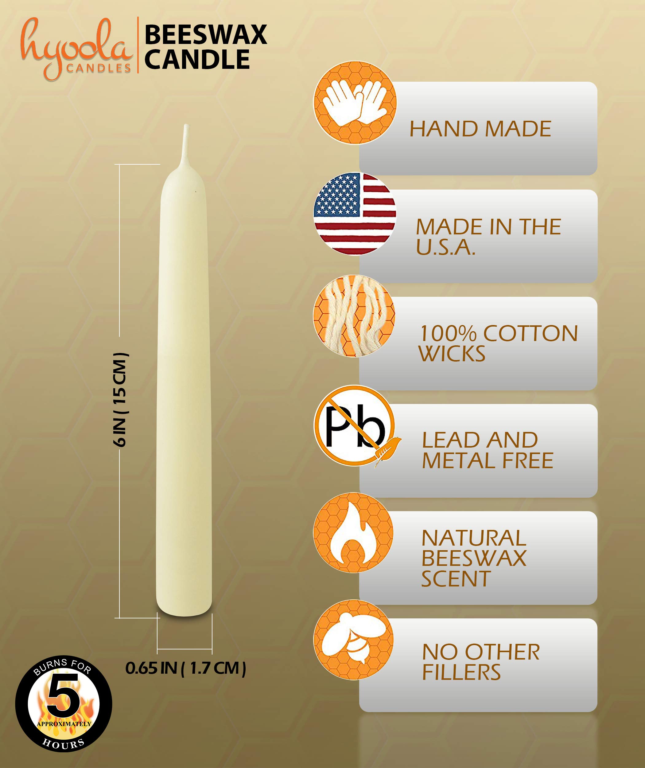 Hyoola 5" Beeswax Taper Candles 12 Pack - Handmade, All Natural, 100% Pure Unscented Bee Wax Candle - Tall, Decorative, White 5 Hour Burn Time