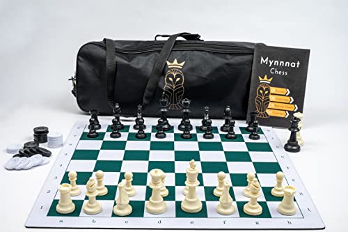 Mynnnat Professional Chess Set, Thick Tournament Roll up Board and Pieces with Travel Bag, Checkers and Unique Booklet for Chess Training - White & Green