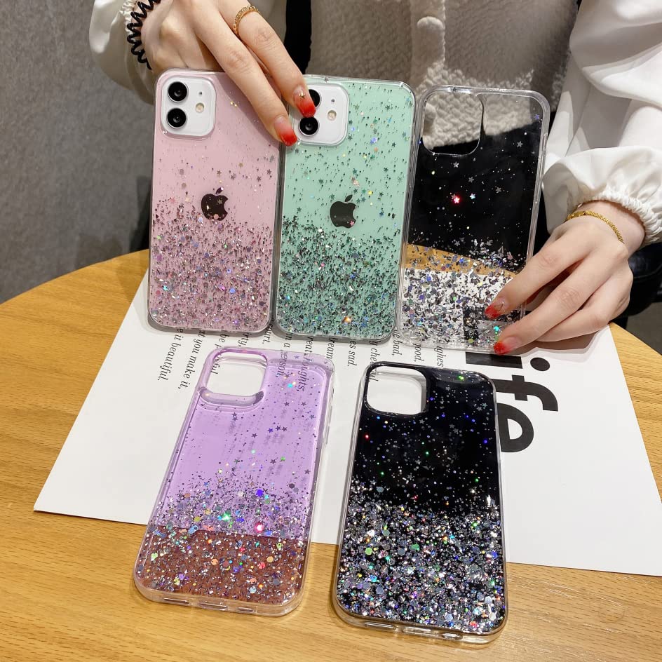 for Oppo Reno 6 Pro 5G Case Silicone,Clear Oppo Reno 6 Pro 5G (Snapdragon) Phone Case Speck, Ultra Slim 0.3mm Soft Shockproof Protective Glitter Cute Phone Cover for Women Green (Black)
