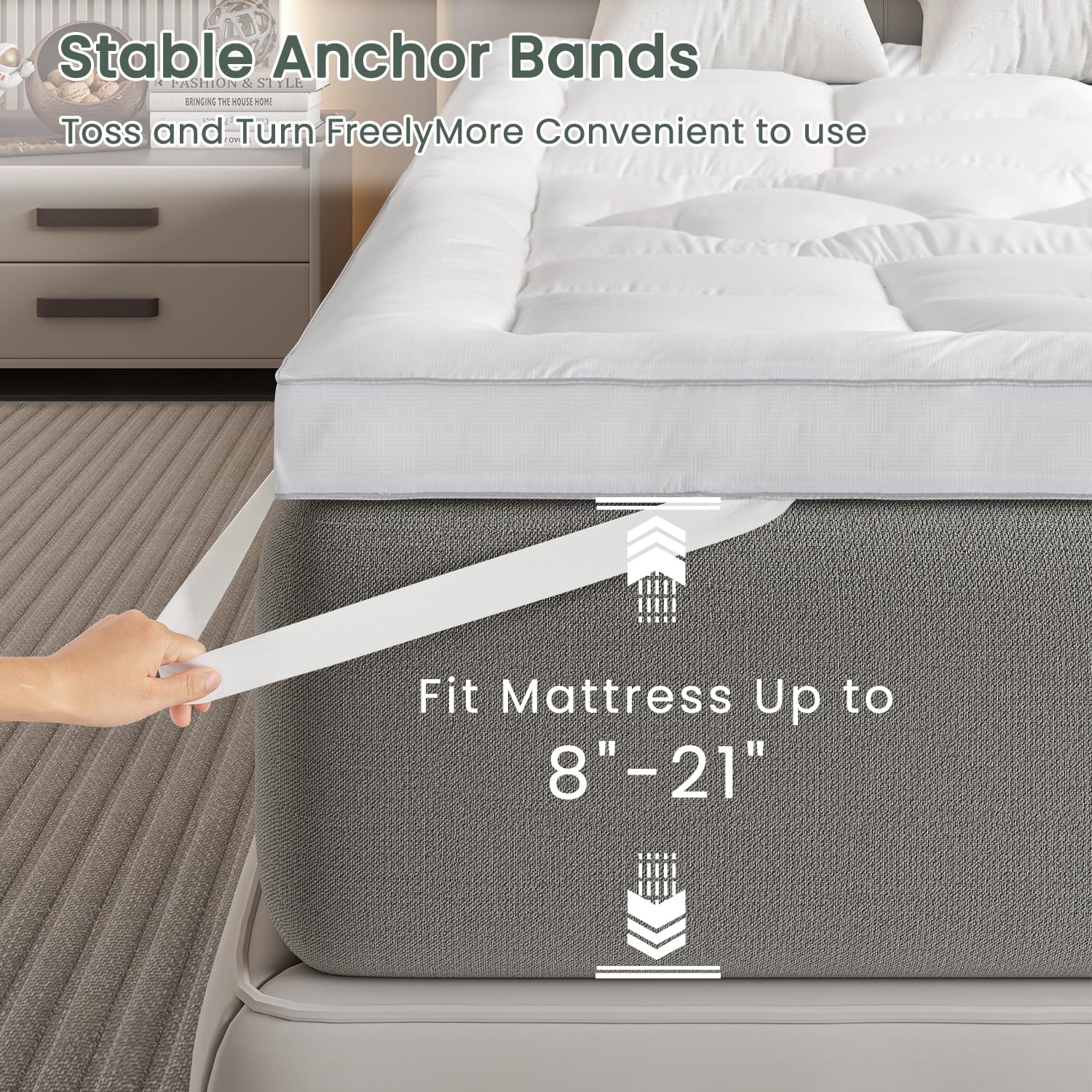 FLEXPEDIC Full Mattress Topper,Extra Soft Pillow Top Mattress Topper for Firm Bed,Cooling Cloud-Like 800GSM Down Alternative Filled,4 Anchor Elastic Bands,54 * 75 Inches,White