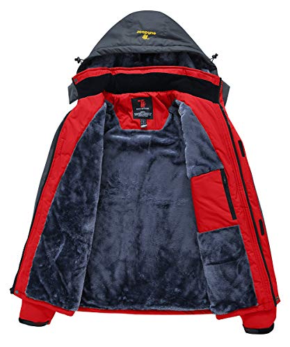 JINSHI Men's Snow Jacket Waterproof Ski Jackets Winter Hooded Mountain Fleece Jacket (Red,M)
