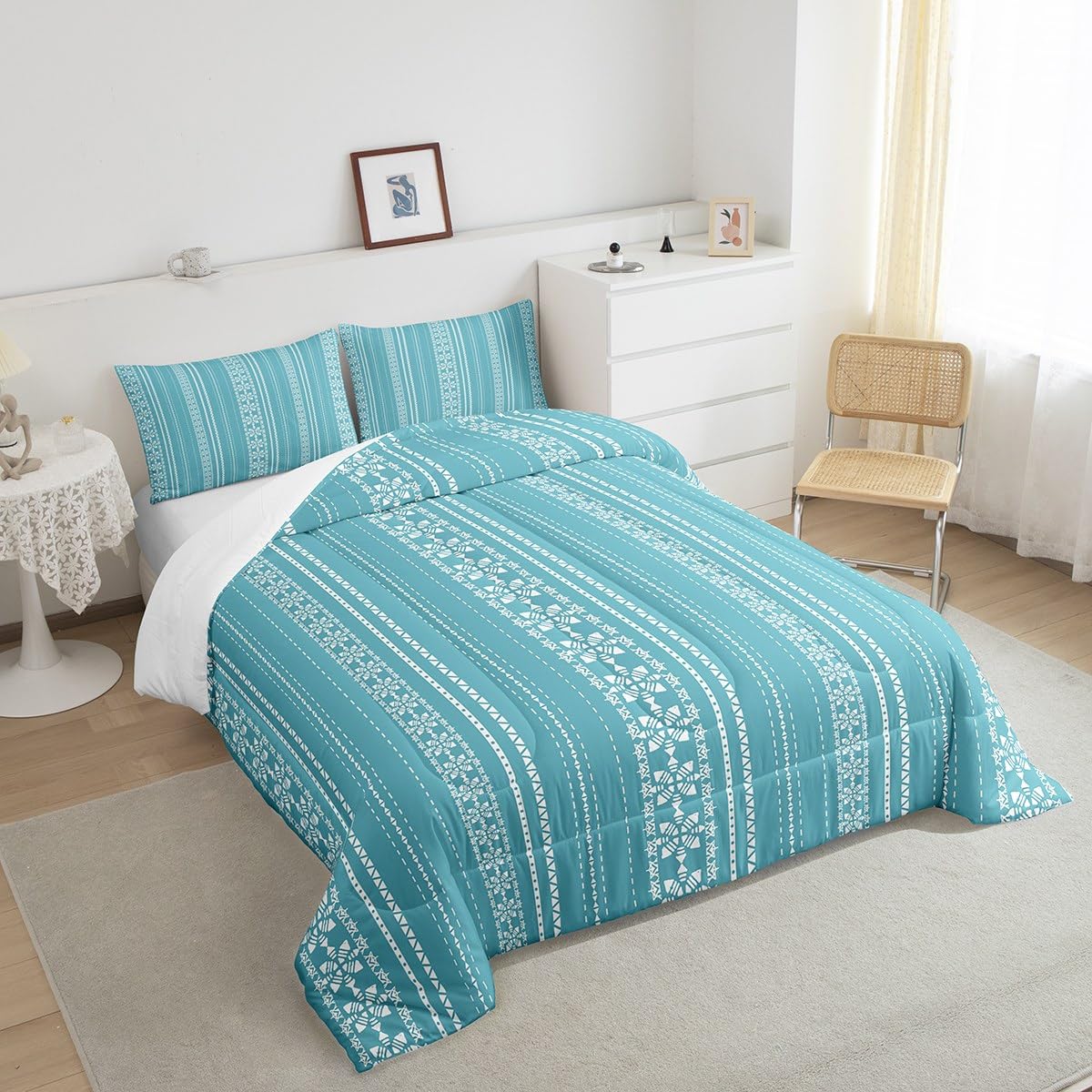 Feelyou Bohemian Comforter Full Size with 2 Pillow Cases Light Blue Boho Comforter Set Aztec Pattern Bedding Set Modern Geometric Quilted Duvet Set for Boys Girls Kids Adults