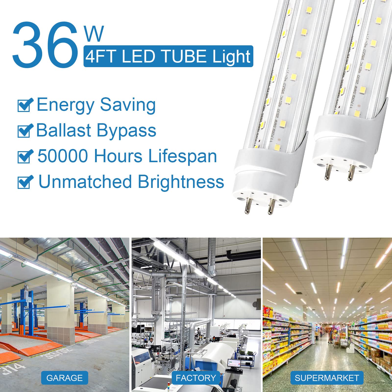 Ghiuop T8 LED Bulbs 4 Foot, 12 Pack 36W 4680LM 5000K Daylight White Type B 4FT LED Tube Lights, T8 T10 T12 Fluorescent Replacement Bulbs, Ballast Bypass, V-Shaped, Double Ended Power, Clear Cover