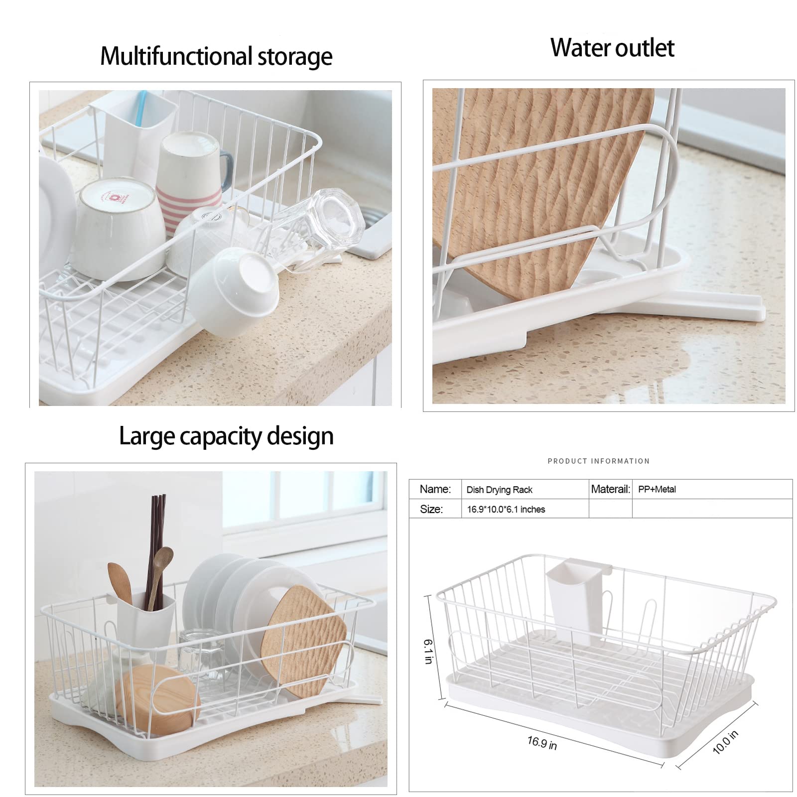 Dish Drying Rack with Swivel Spout, Dish Drainers with Drainboard for Kitchen Counter, Dish Strainer with Removable Utensil Holder, Stainless Steel Dish Drainer in Sink, White (White)