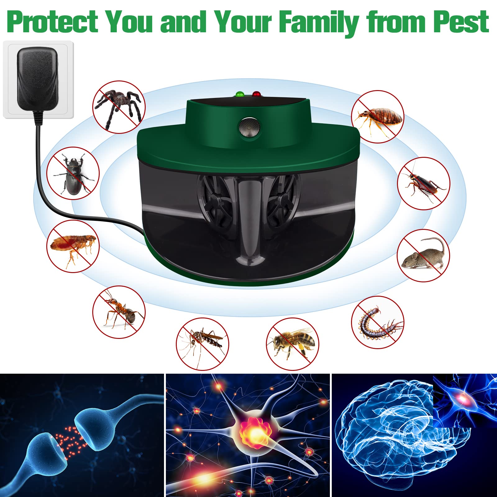 ENERJARY Ultrasonic Mouse Repellent, 2024 Ultrasonic Pest Repeller, 360° Mouse Repellent Rat Control for Home Indoor, Effectively Repels Mouse, Rodent, Roach, Mosquito (Green)