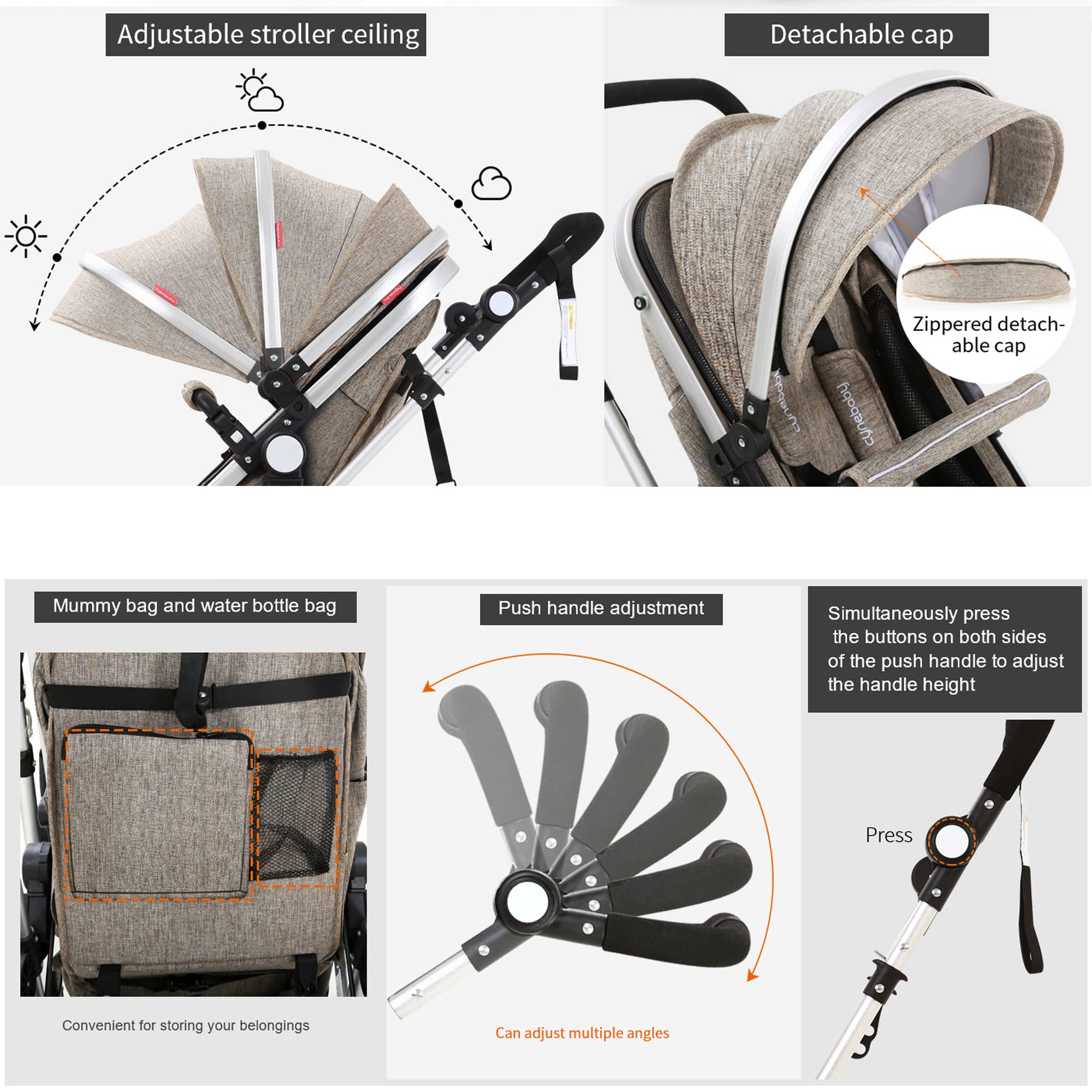 Cynebaby Baby Stroller, Convertible Bassinet Stroller for Newborn Infant Lightweight Pram Strollers with Snack Tray… (Khaki)