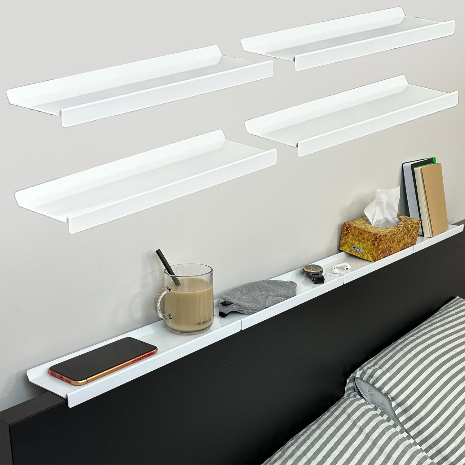 Floating Bed Headboard Shelf, Modern Simple Design, Bedside Storage Organizer for Bedroom, Dorm Room. Perfect Substitute for Night Stand.