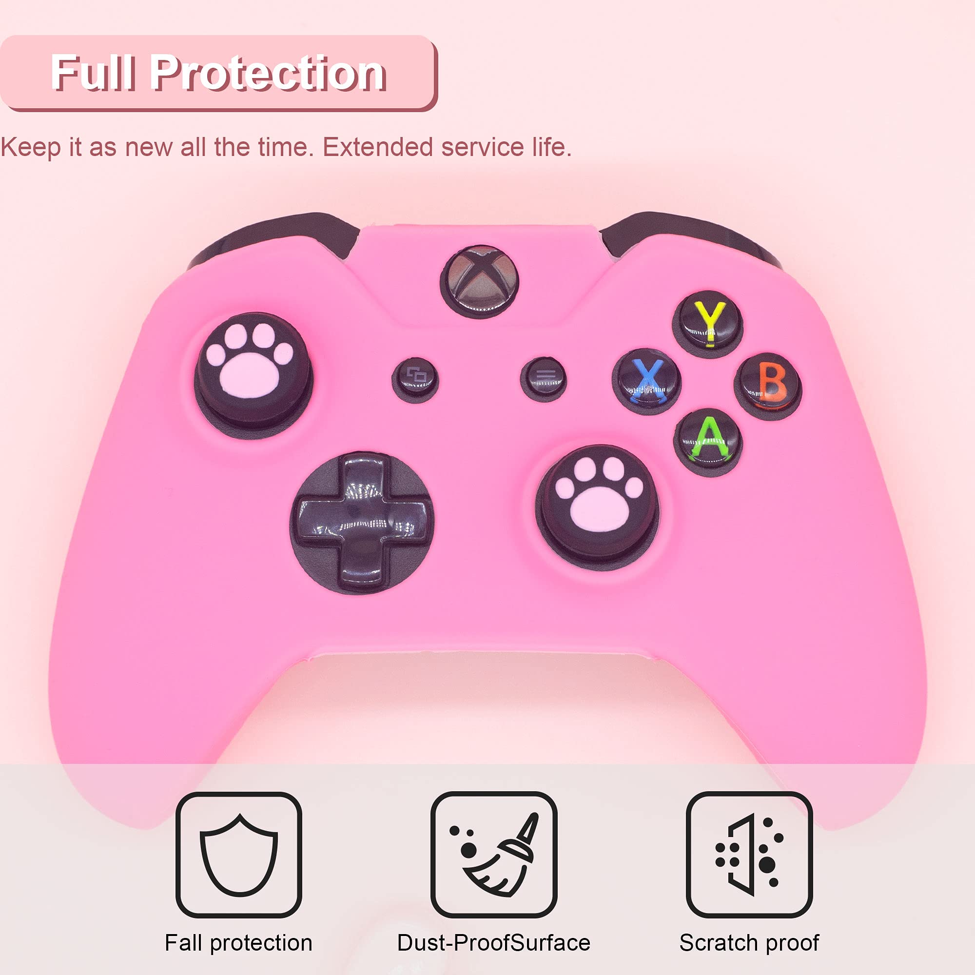 BRHE Cute Skin Cover for Xbox-One/Series X/S Controller Anti-Slip Silicone Grip Protective Case Accessories Set Wireless/Wired Gamepad Joystick with 2 Cat Paw Thumb Grips Caps (Deep Pink)