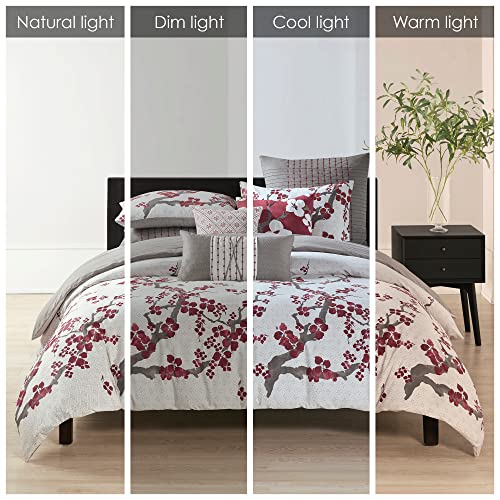 N Natori Cherry Blossom Duvet Cover Queen Size - Red, Grey , Cherry Blossom Duvet Cover Set β 3 Piece β 100% Cotton Sateen Light Weight Bed Comforter Covers