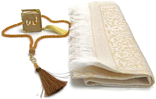 Muslim Gifts Hajj Hac Haji Gift Set Prayer Rug Janamaz Seccade Pearl Tasbeeh Prayer Beads and Pocket or Car Decor Mini Quran 3pcs/Set (Gold)