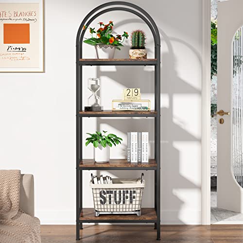 LITTLE TREE 4-Tier Arched Bookshelf, Tall Open Bookcase Storage Shelves, Wood Metal Freestanding Display Rack Tall Shelving Unit for Home Office, Bedroom, Living Room, Rustic Brown