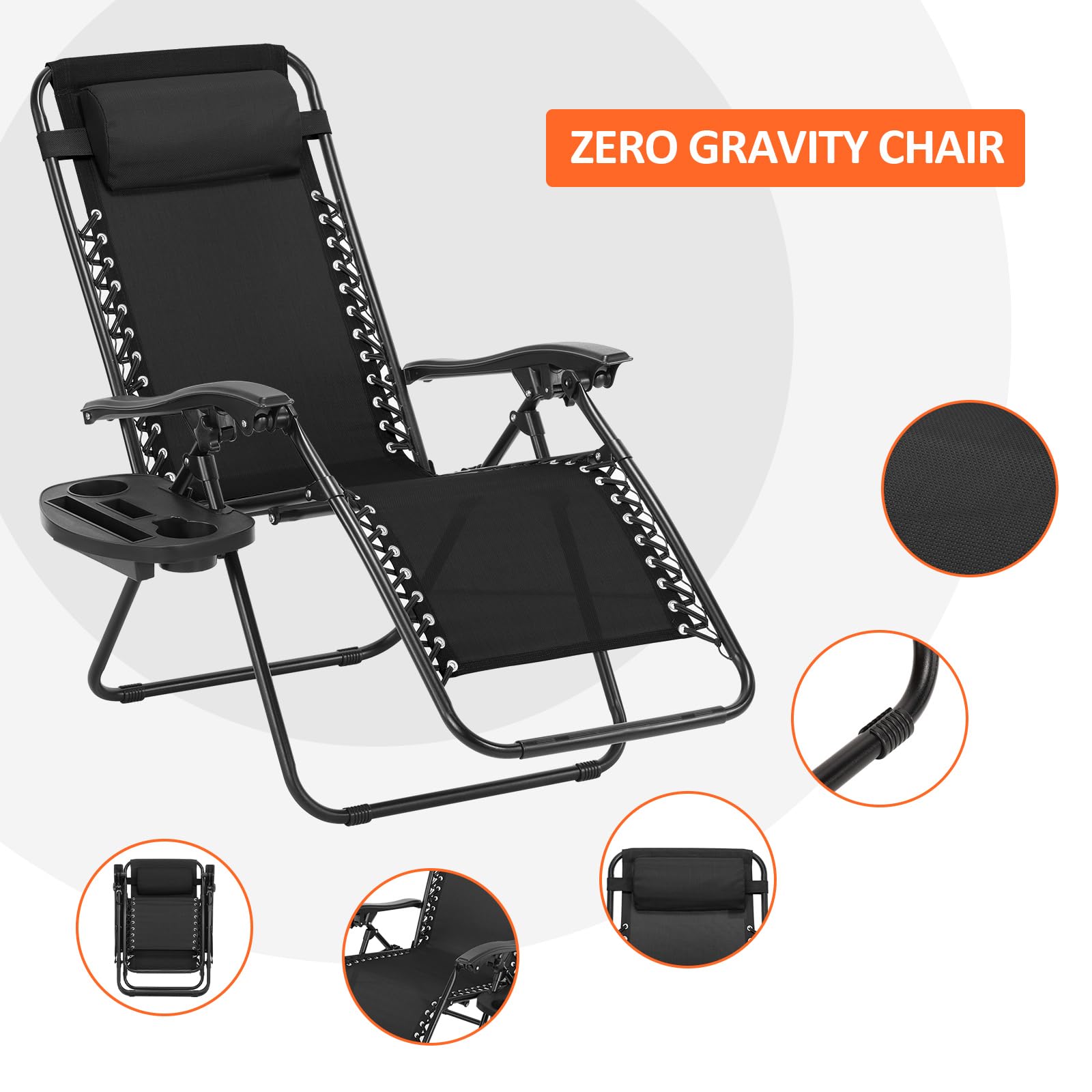 TOMSHOO Zero Gravity Chair Patio Recliner Chair Set of 2 Folding Camping Chairs with Cup Holder Adjustable Headrest Reclining Lounge Chair for Poolside Backyard and Beach (Black)
