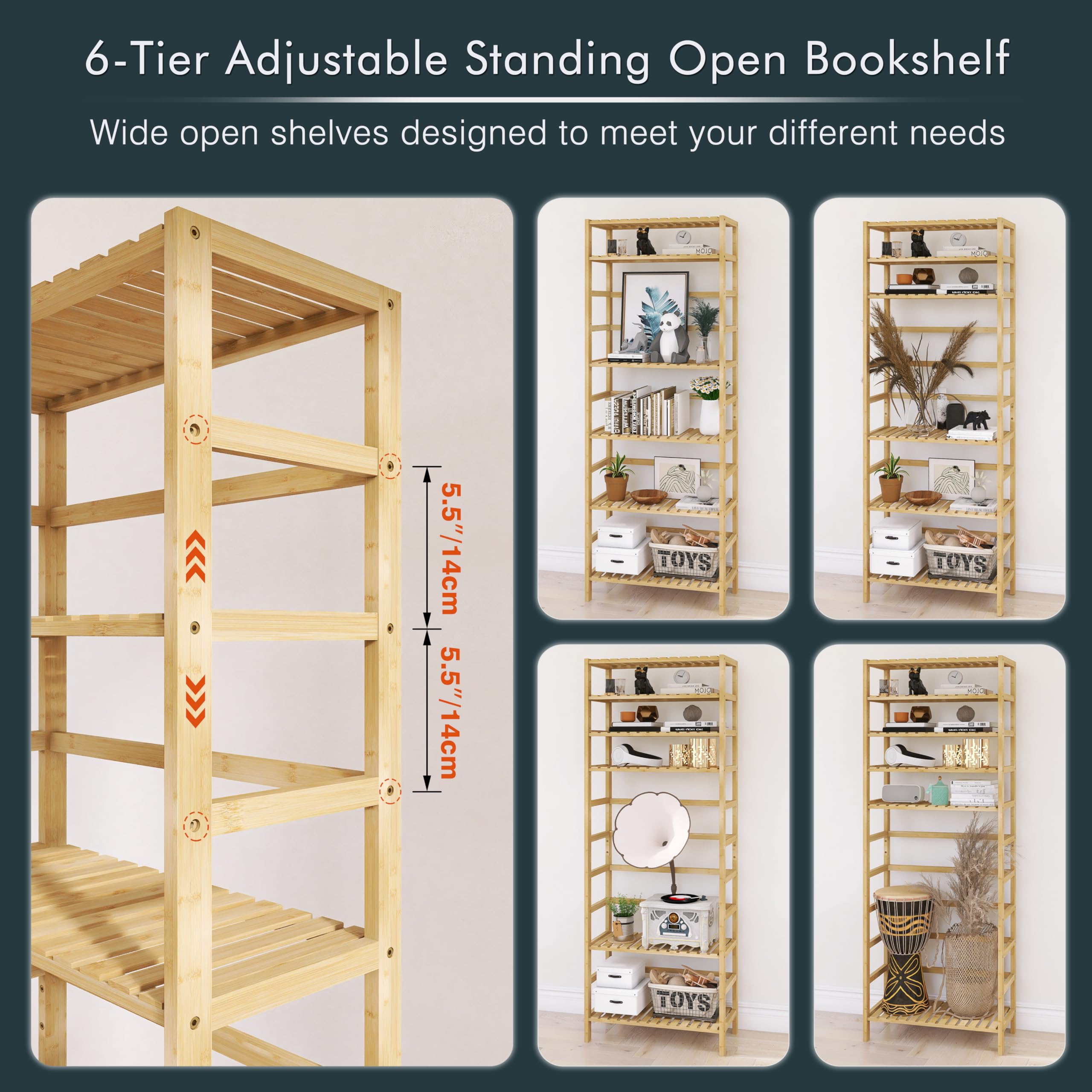 HITNET Bamboo Shelf, 6-Tier Adjustable Tall Open Bookcase, Bathroom Storage Rack Freestanding Shelving Unit, Plant Display Stand for Small Space, Natural