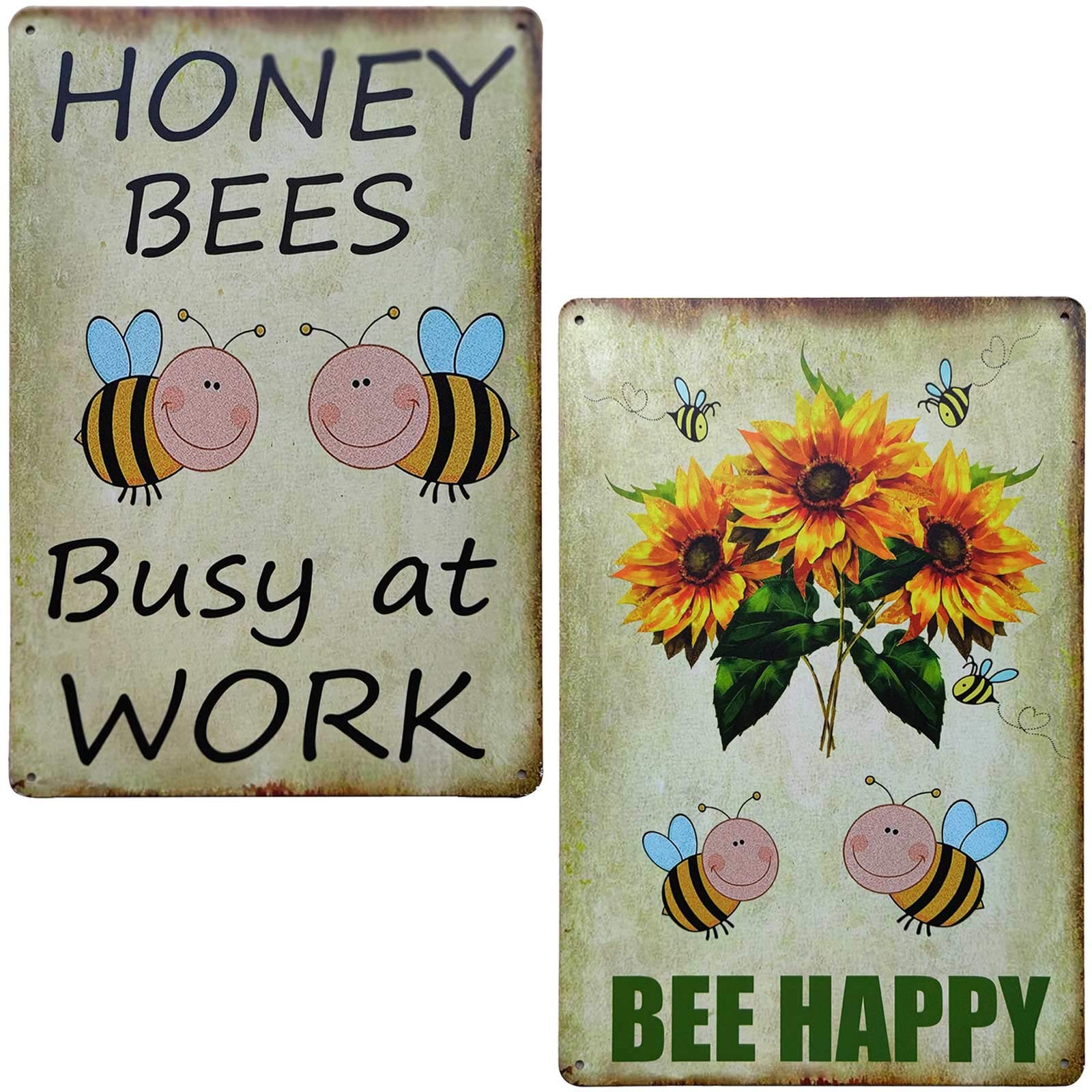 TISOSO Honey Bees Busy At Work & Bee Happy Vintage Sunflower Metal Sign Garden Decorative Plaque Farmhouse Country Home Decor 2Pcs-8X12Inch