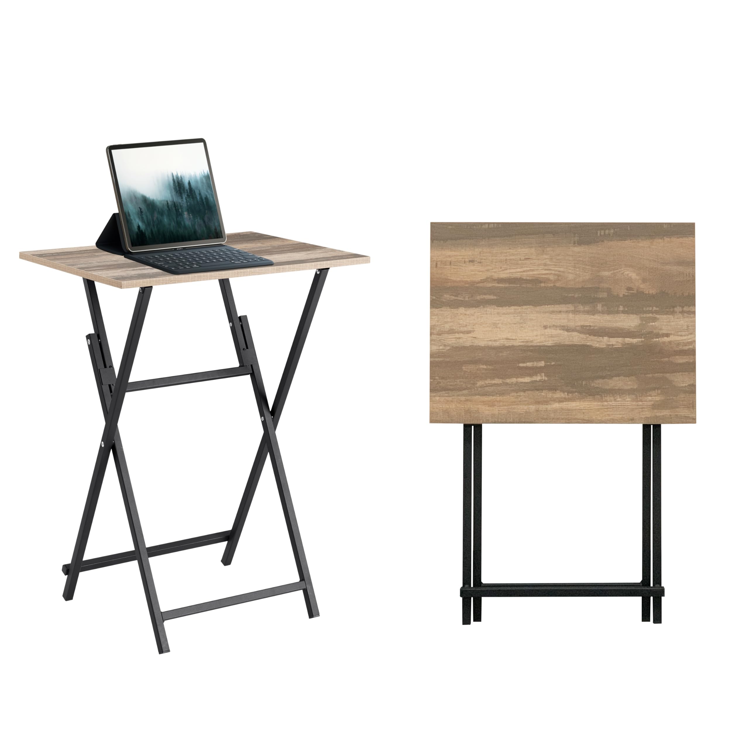 Folding TV Tray Table Set of 2, Portable Sofa Side Table Wooden TV Tray, Industrial Snack Table End Table Dinner Table for Living Room, Bedroom, Office, Space-Saving (Set of 2, Antique brown)