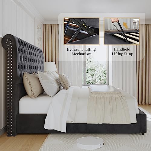 Jocisland Lift Up Storage Bed Queen Size Velvet Upholstered Sleigh Platform Bed Frame/52.4" Deep Button Tuft Headboard/Hydraulic Storage/Easy Assembly/Dark Grey