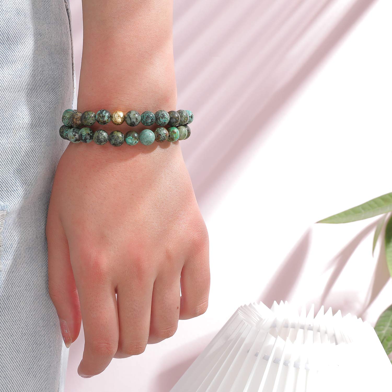 CHOGLE Stackable Beaded Bracelets for Women - Gemstone Beads 8mm Bracelet - Stretch Strand Friendship Bracelet Set for Girls (African Turquoise Beaded Strand Bracelet)