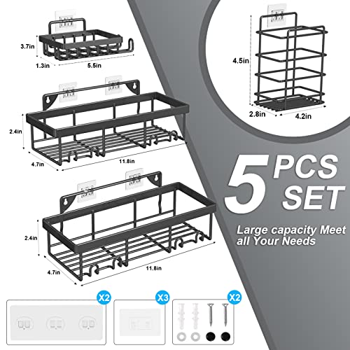 Homarkable Shower Caddy 5-Pack, Self Adhesive Bathroom Shower Organizer, Wall Mounted Bathroom Shower Rack with Soap Holder and ToothBrush Holder, Shower Shelves for Inside Shower, Kitchen (Black)