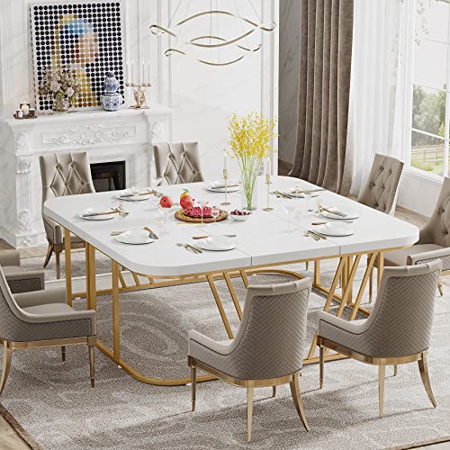 LITTLE TREE 63 inches Executive, Home Office Computer Desk Modern Glod Large Conference Table with Metal Frame, Gold & White