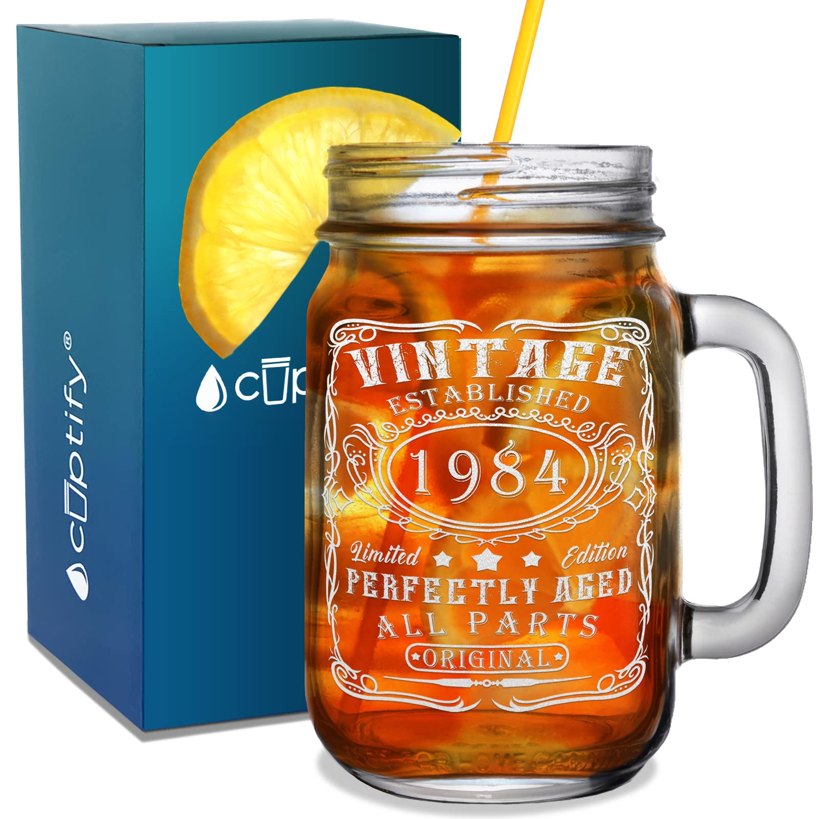 Cuptify 39th Birthday Perfectly Aged 39 Years Old Established 1984 Etched Mason Jar Glass 16 oz Drinking Glasses with Handle