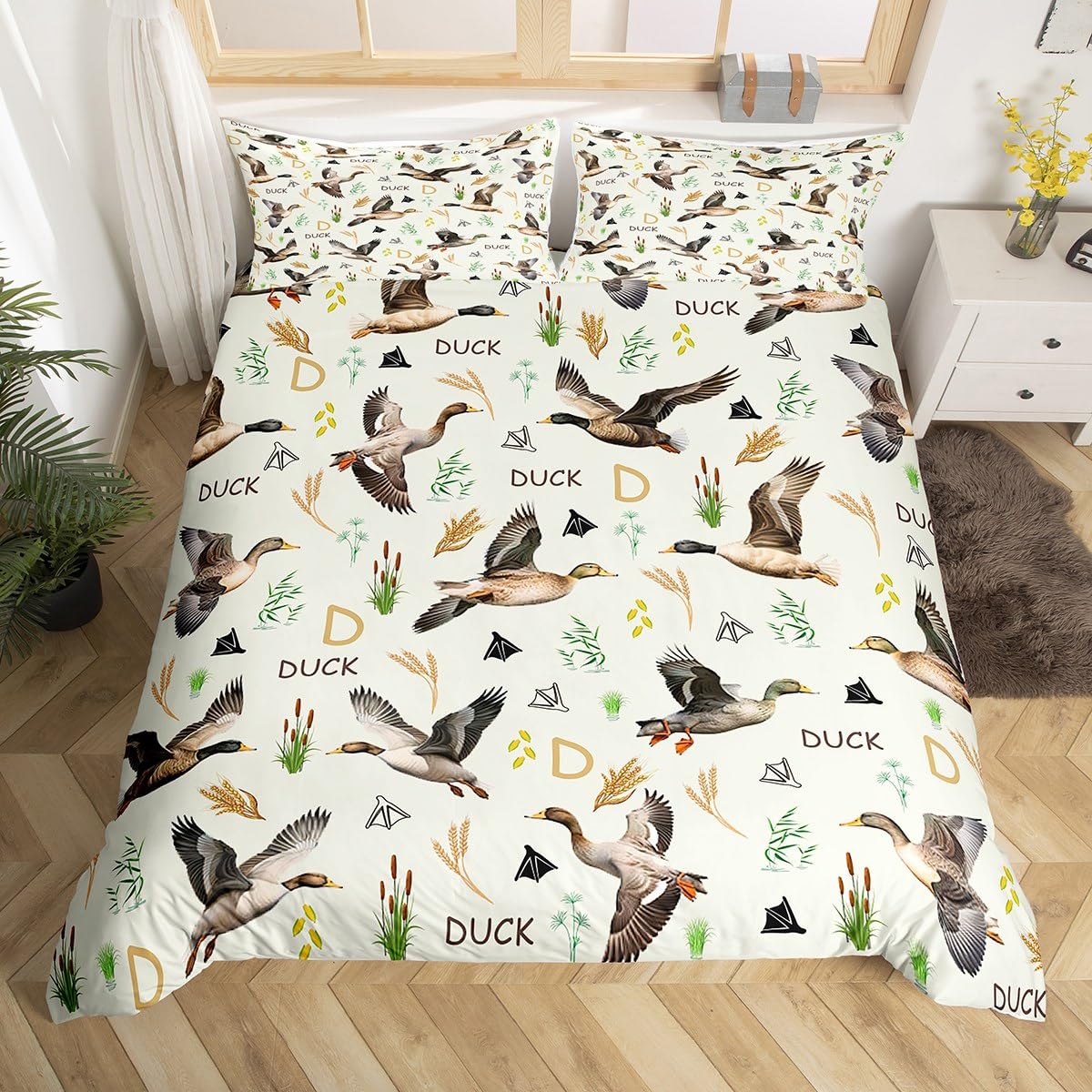 Feelyou Mallard Duck Duvet Cover Twin, Hunting and Fishing Bedding Set Green Duck Comforter Cover Wild Animal Bedspread Cover Breathable Bedding Collection 2Pcs (No Comforter)