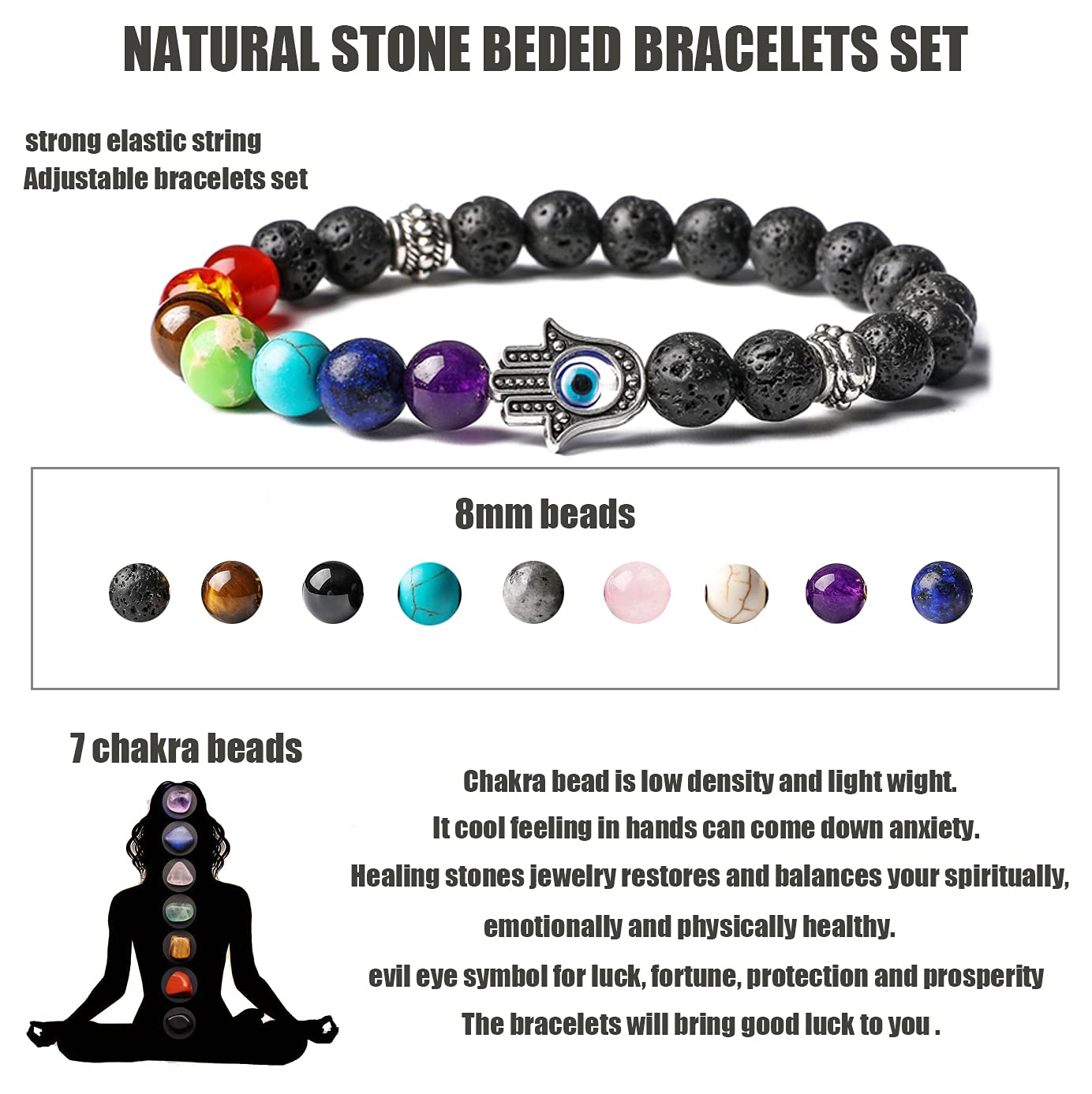BOMAIL 2-9pcs Evil Eye Bracelet Set Hamsa 7 Chakra Gemstone Lava Stone Bracelets Blue Evil Eye Hamsa Charm Bead Bracelets for Men Women Hand of Fatima Bracelet