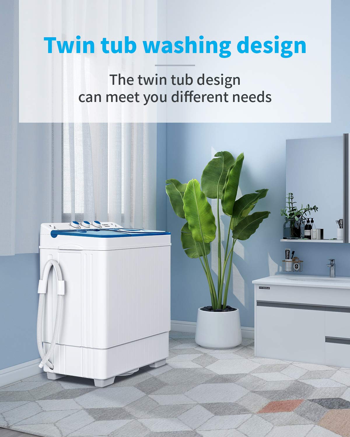 KUPPET Compact Twin Tub Portable Mini Washing Machine 26lbs Capacity, Washer(18lbs)&Spiner(8lbs)/Built-in Drain Pump/Semi-Automatic (White&Blue)