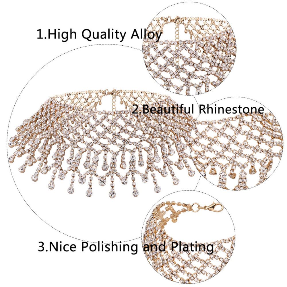 Chamvino Full diamond fashion exaggerated choker Water drop studded diamond tassel choker for Women's and girls gifts(gold/silver)