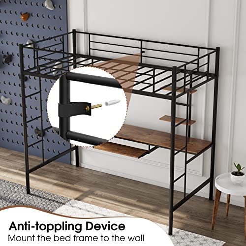 Giantex Twin Loft Bed with Desk and Bookcase, Metal Bunk Bed Frame w/Guardrail & Bilateral Ladder for Kids Teens Adults, Space-Saving Loft Bed with Keyboard Tray, No Box Spring Needed, Black