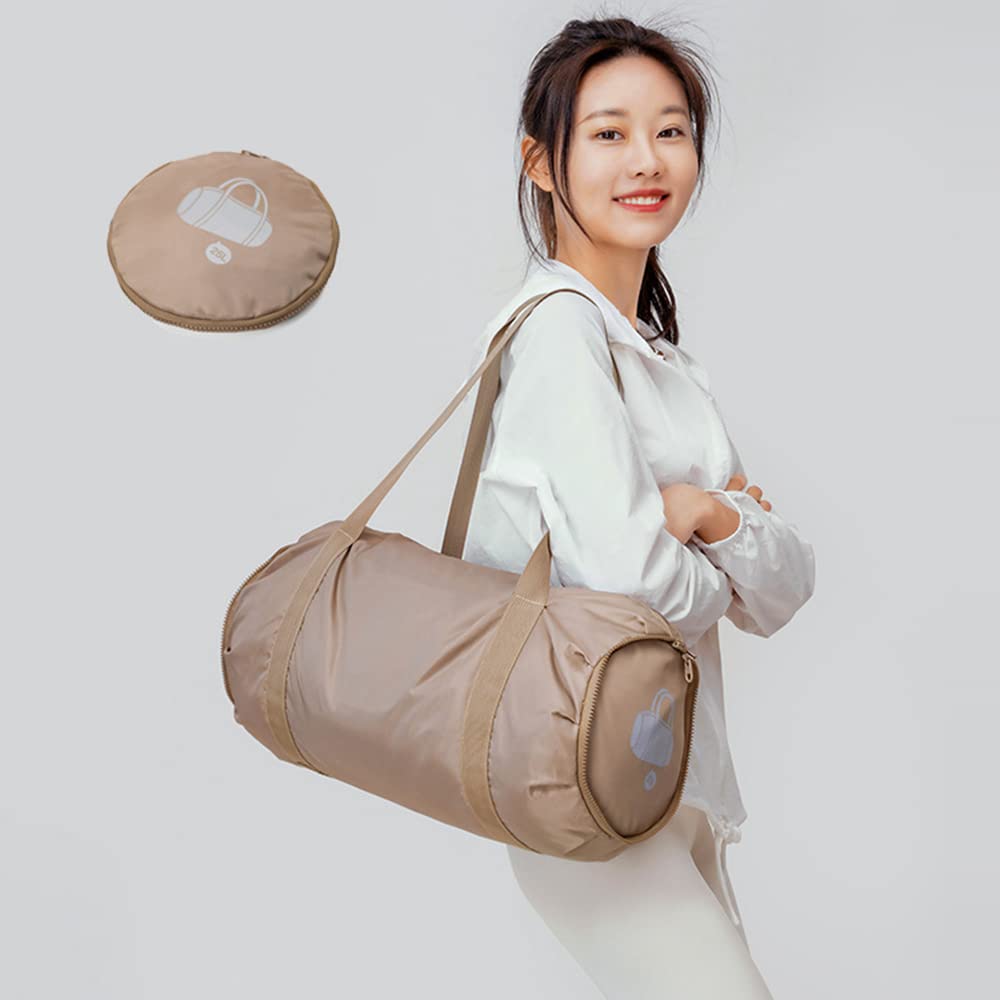 Double Layer Design Duffel Bag 19 Inches Foldable Small Gym Bag for Men Women Duffle Bag Lightweight with Inner Pocket for Travel Sports (Light Coffee)