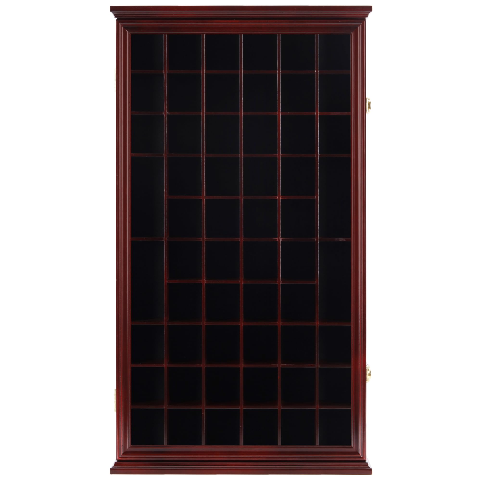 DisplayGifts Solid Wood Shot Glass Shooter Display Case Holder Cabinet Wall Rack Hinged Glass Door 56 Slot Cherry Finish