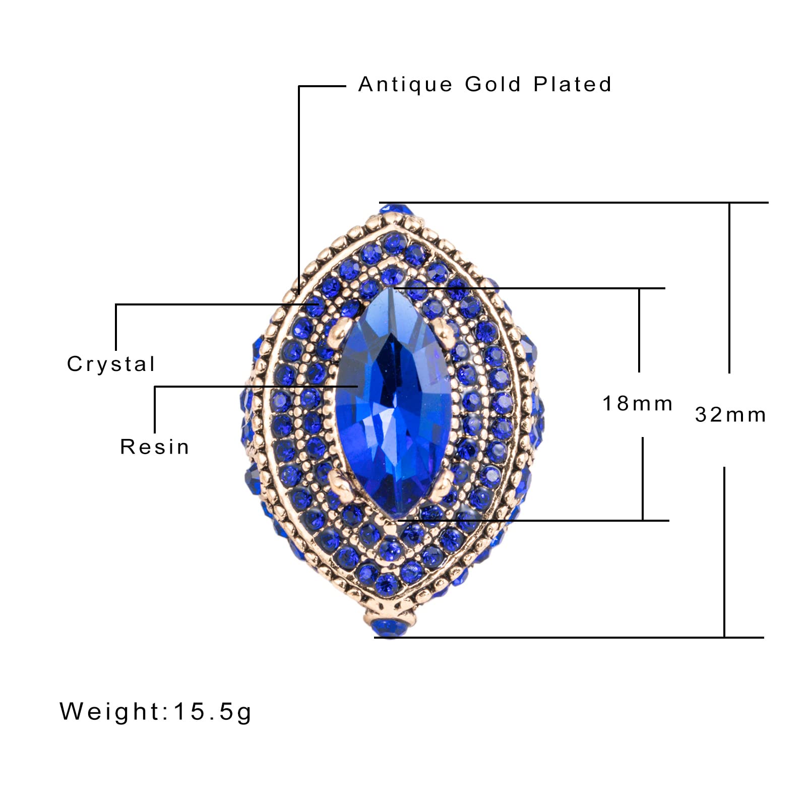 CKHAO Women Ring - Big Size Antique Gold Plated Turkish Style Blue Gemstone Vintage Ring Women Jewelry J0769BLUE (7)