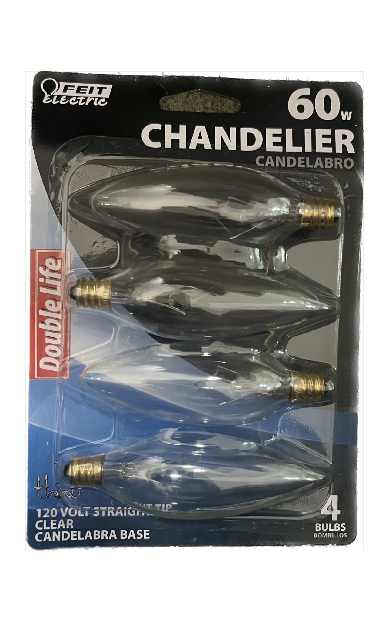 Feit Electric 60W Chandelier 120V Straight Tip Clear Candelabra Base 4 Pk