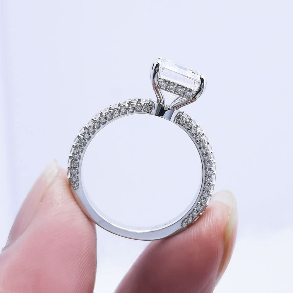 Bo.Dream 3 Carat Emerald Cut Cubic Zirconia CZ Engagement Rings For Women Platinum Plated Sterling Silver Size 6.5