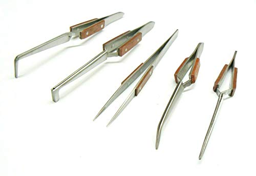 Fiber Grip Tweezers Jewelry Hobby Craft Soldering Fiber Grip Cross Locking Set Bent and Straight Tip 5 PCS By JTS