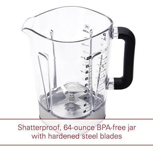 Wolf Gourmet High-Performance Blender, 64 oz Jar, 4 program settings, 12.5 AMPS, Blends Food, Shakes and Smoothies, Red Knob, Stainless Steel (WGBL100S)