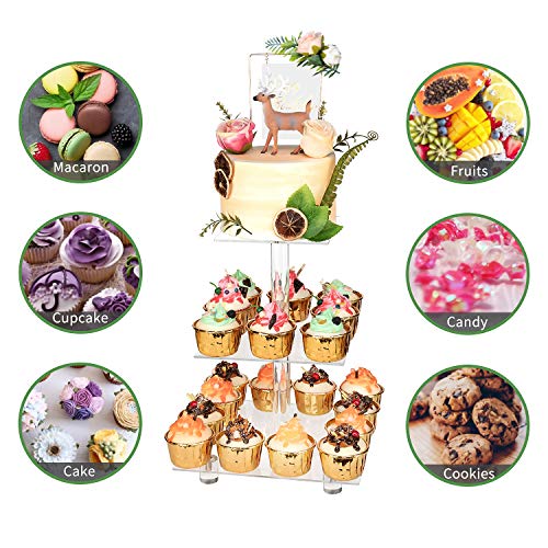 YestBuy 3 Tier Cupcake Stand with Base, Cake Stand, Acrylic Cupcake Tower Stand, Premium Cupcake Holder for 28 Cupcakes, Display for Pastry Wedding Birthday Party (4" Between 2 Layers)
