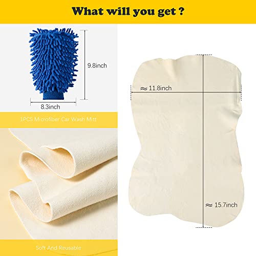 Nicetage Chamois Cloth for Car-1 Car Shammy Towel + 1 Bonus Car Wash Mitt - 11.8'' X15.7'' - Scratch-Free Shammy Cloth for Car