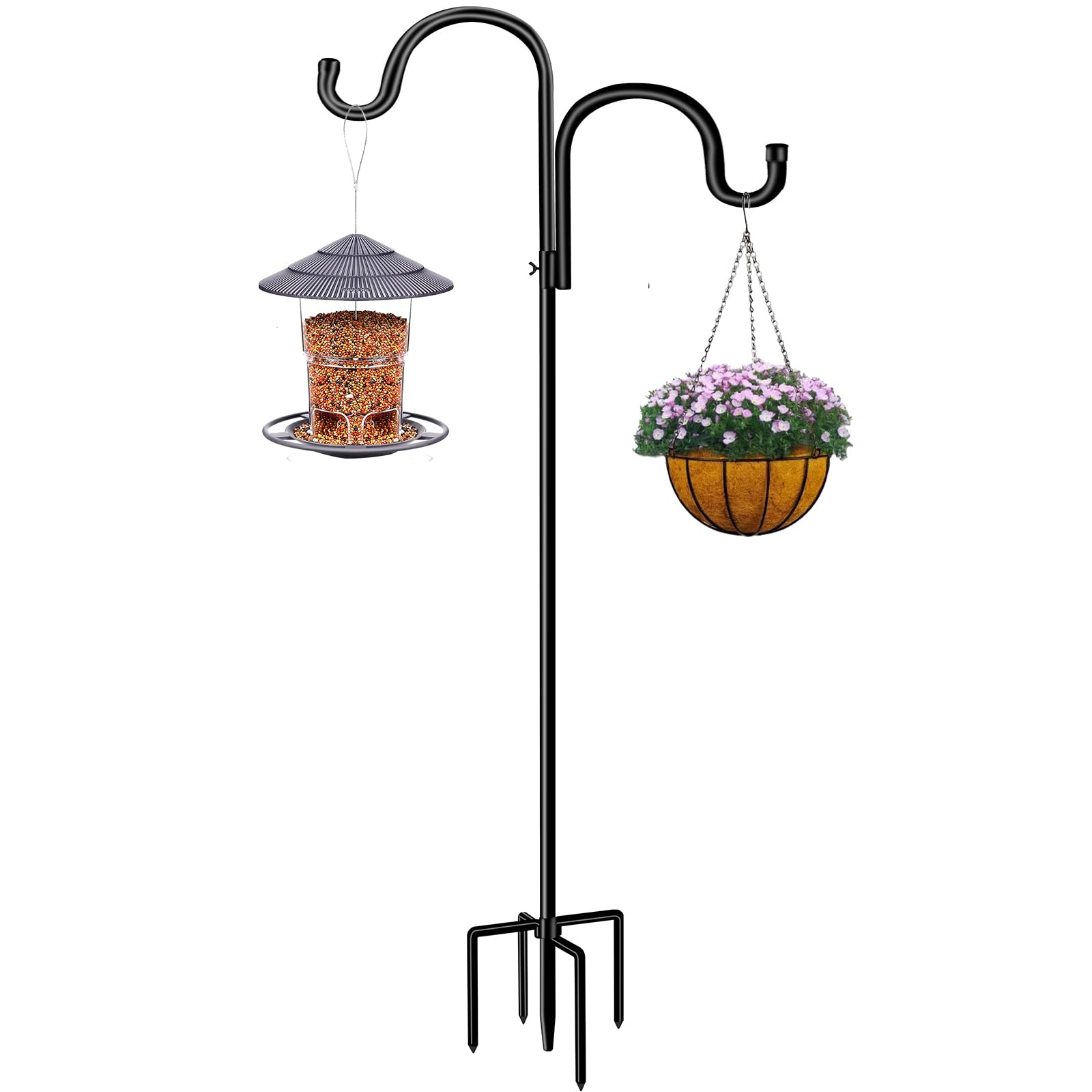 Double Shepherds Hook for Outdoor,78 Inch Bird Feeder Pole with 5 Prongs Base,Adjustable Heavy Duty Garden Hanging Holder for Hanging Plant,Solar Light,Weddings Decor,Hummingbird Feeder（1 Pack）