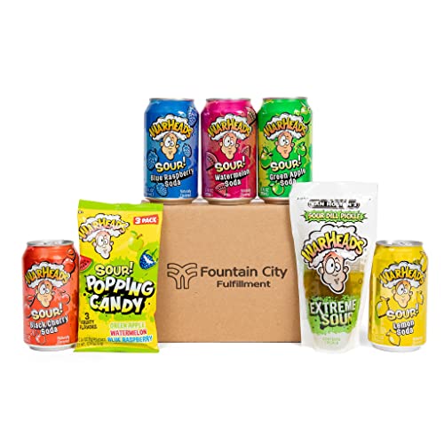 Fountain City Fulfillment Warheads Soda & Candy Variety Pack - Party Box With Black Cherry, Blue Raspberry, Watermelon, Green Apple & Lemon Drinks, Sour Dill Pickle & Popping Candy - 12oz Cans, 5 Pack