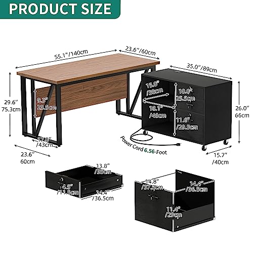 YITAHOME 55" Executive Desk and Lateral File Cabinet, 3 Drawers File Cabinet with Charging Station, L Shaped Desk Computer Desk Home Office Furniture Sets with Drawers & Storage Shelves, Walnut+Black