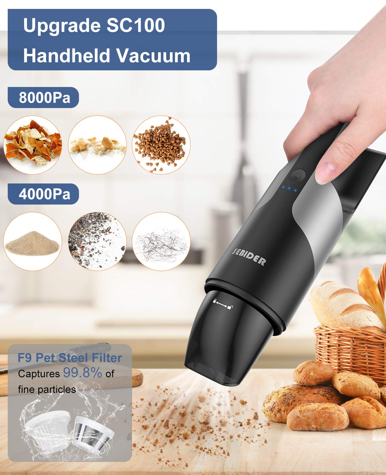 SEBIDER Handheld Vacuum Cleaner 8000Pa Cordless Hand Mini Car Vacuum Rechargeable Portable Vac for Pet Hair, Home, Carpet, Car Cleaning(Black Gray)