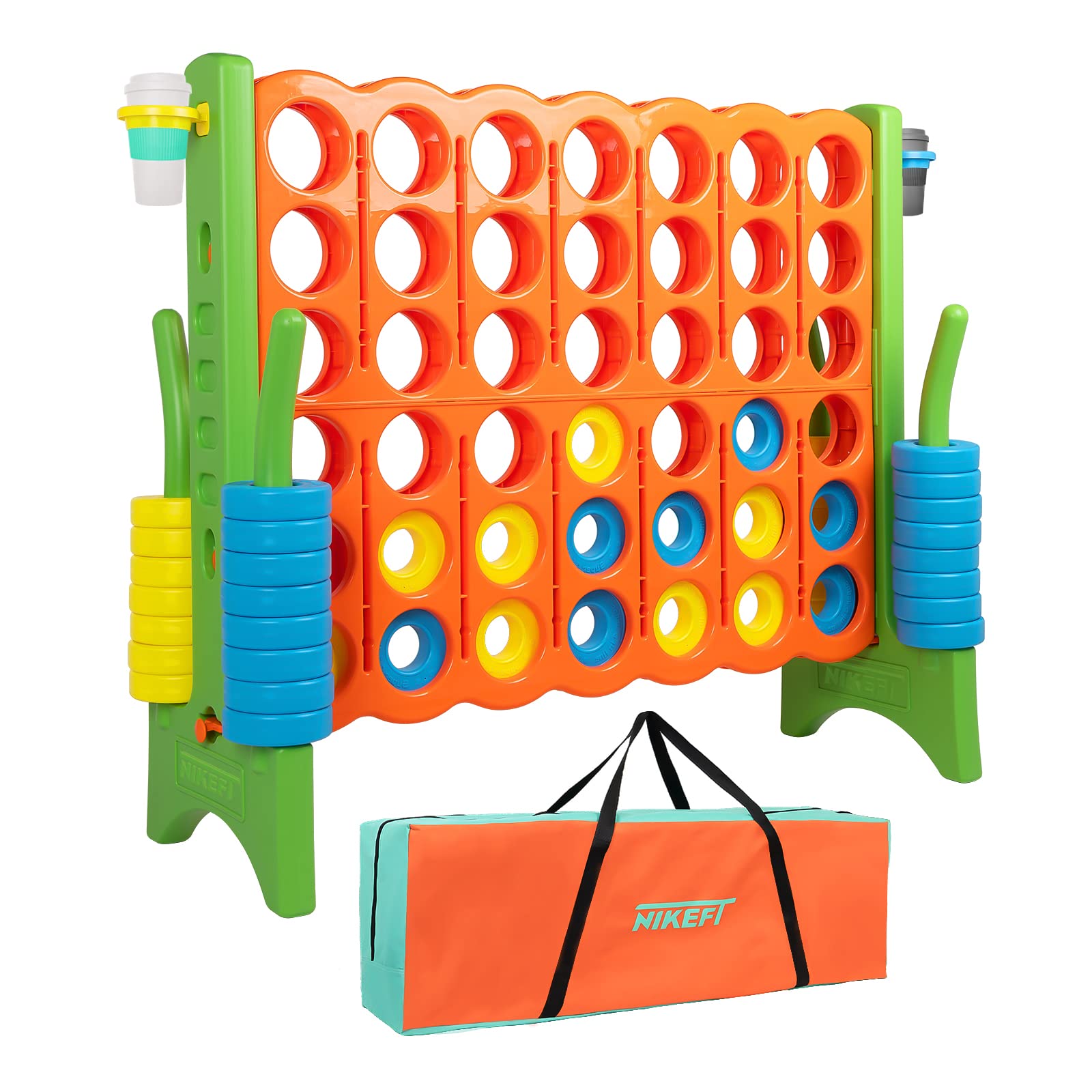 Oversized 4-to-score Jumbo connect in-a-row game Carry Bag Included,48”Giant plastic connect game set for Adults with cup holder,46 rings for kids,jumbo Sized indoor outdoor game for family giant yard