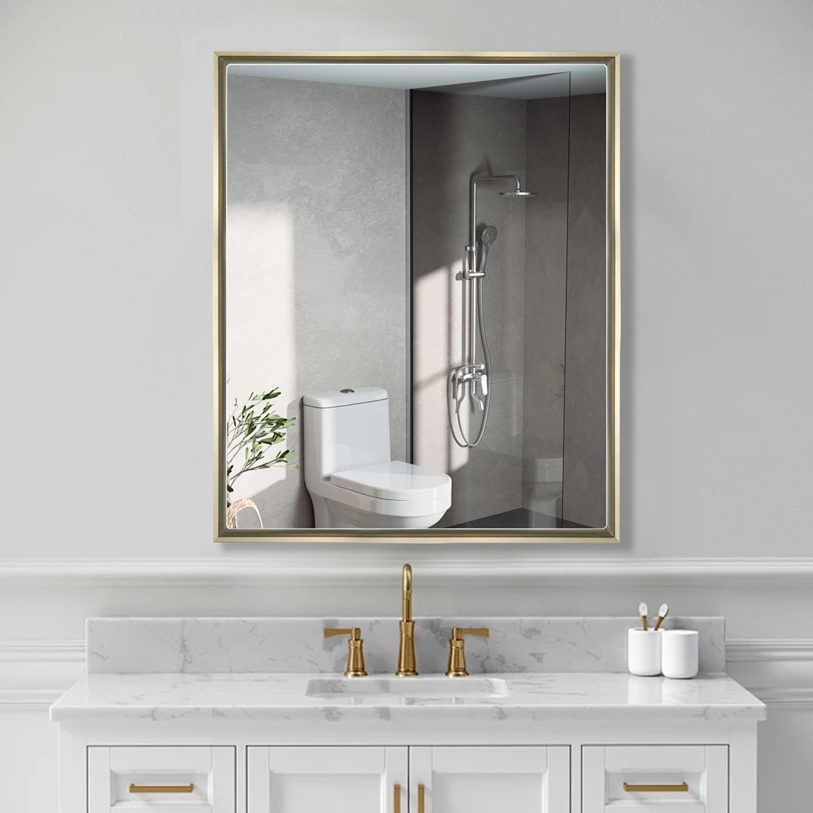 FOMAYKO Bathroom Medicine Cabinet with Aluminum Framed Mirror,24"x30" Surface Mount Bathroom Vanity Mirror,Single Door Gold Bathroom Mirror with Storage Cabinet