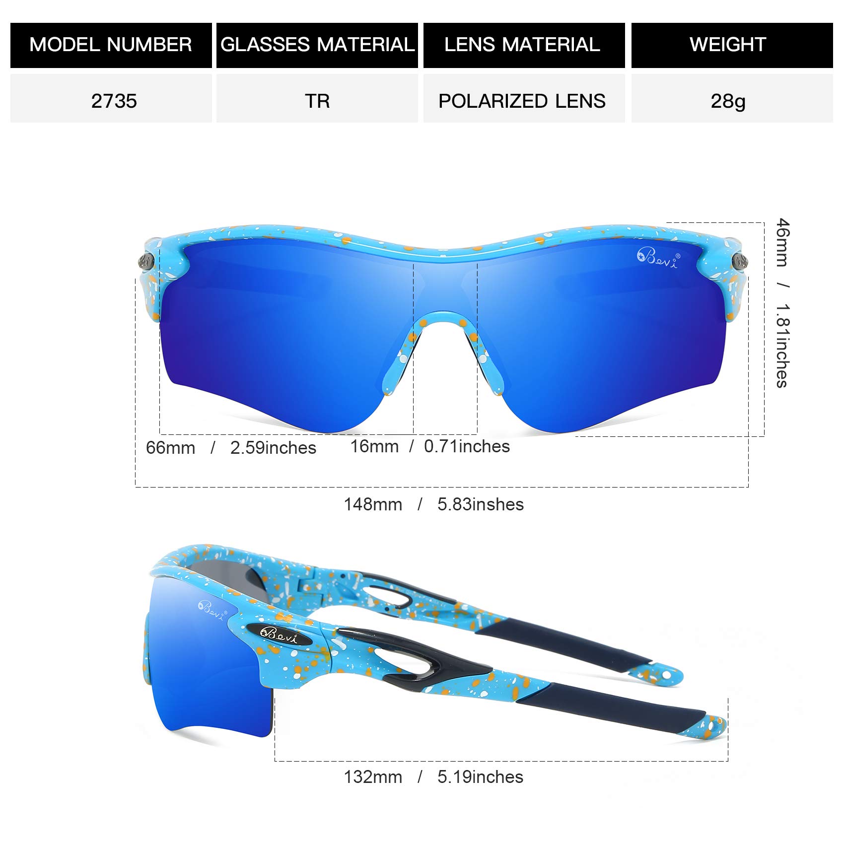 Bevi Polarized Sports Sunglasses for Men Women Baseball Running Cycling Golf Tr90 Durable and Ultralight Frame 2735C6
