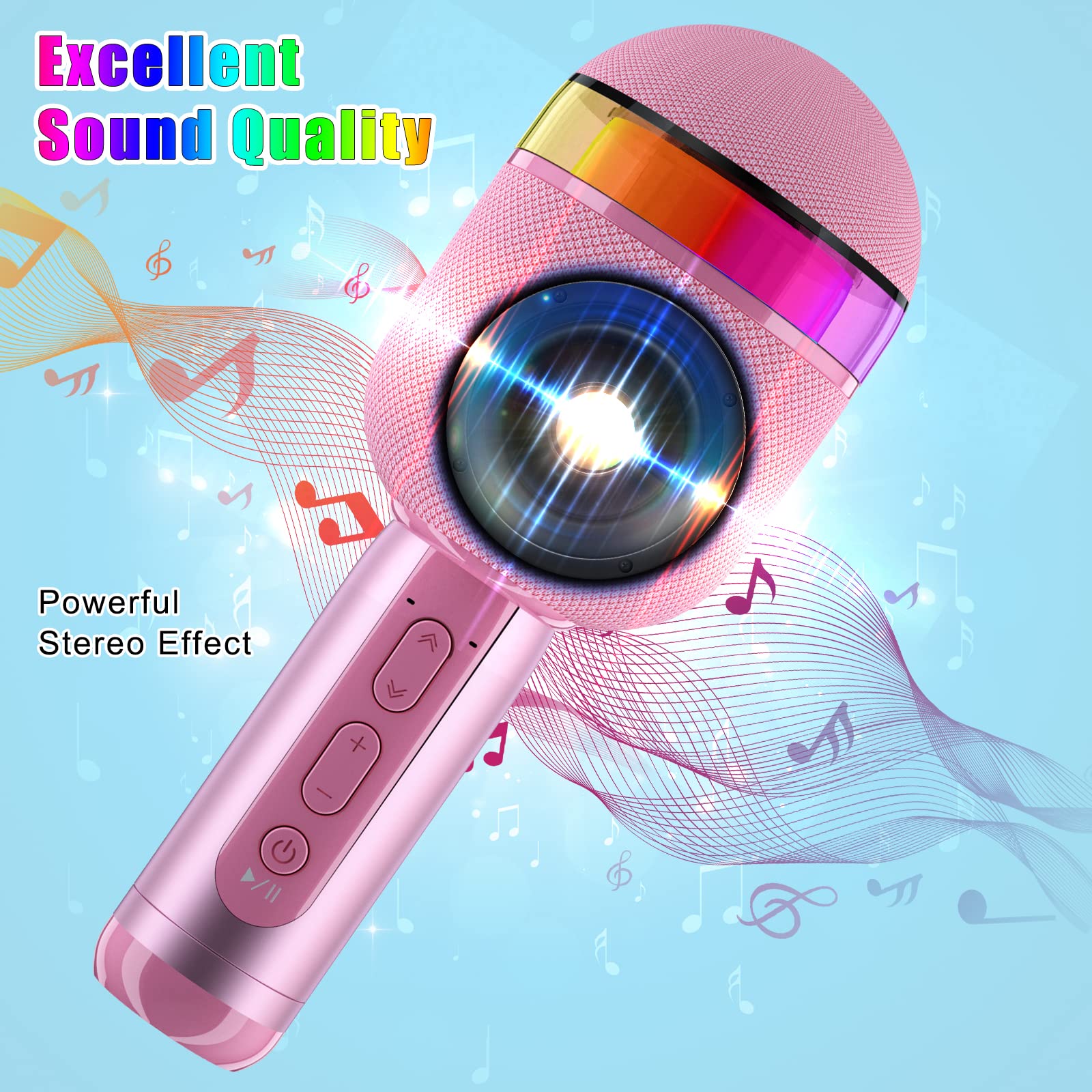 BONAOK Wireless Bluetooth Karaoke Microphone with LED Lights, 4 in 1 Portable Handheld Karaoke Machine Speaker Birthday Gifts for All Ages V09(P-ink)