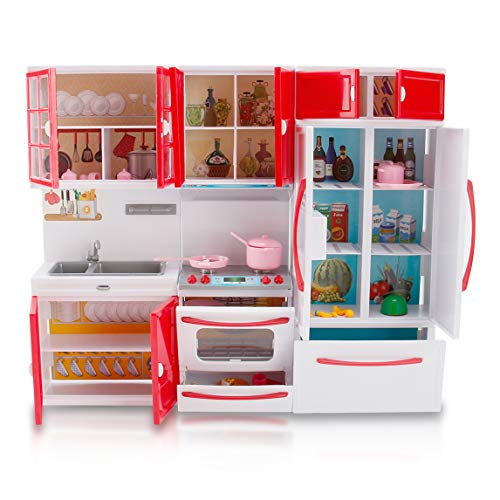 Liberty Imports Gourmet Red Doll Modern Kitchen Mini Toy Playset with Lights and Sounds, Perfect for 12 Inch Dolls