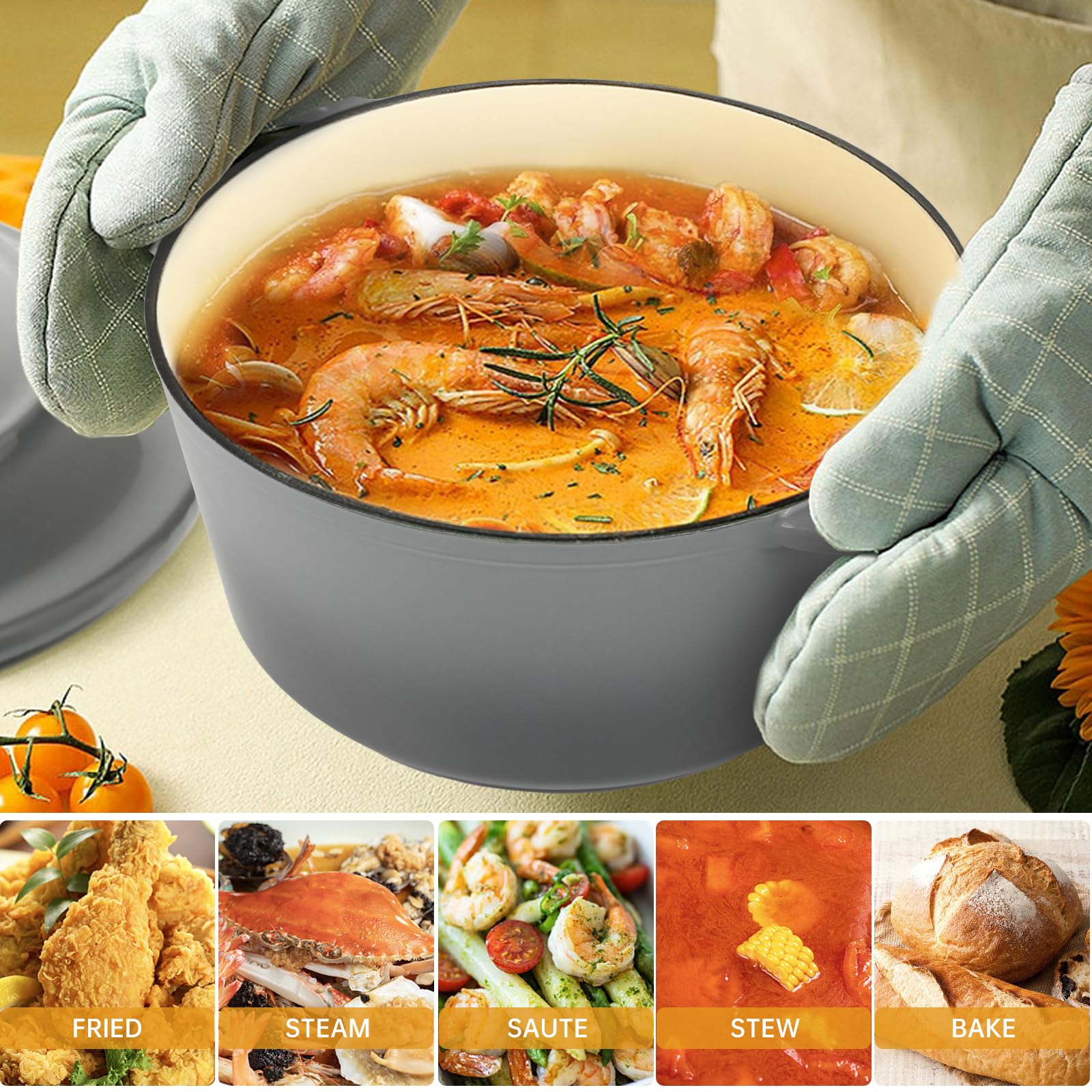 Gacuray 4.5Qt Enameled Cast Iron Dutch Oven Pot with Lidnd Dual Handles Heavy Duty Non-Stick Cream White